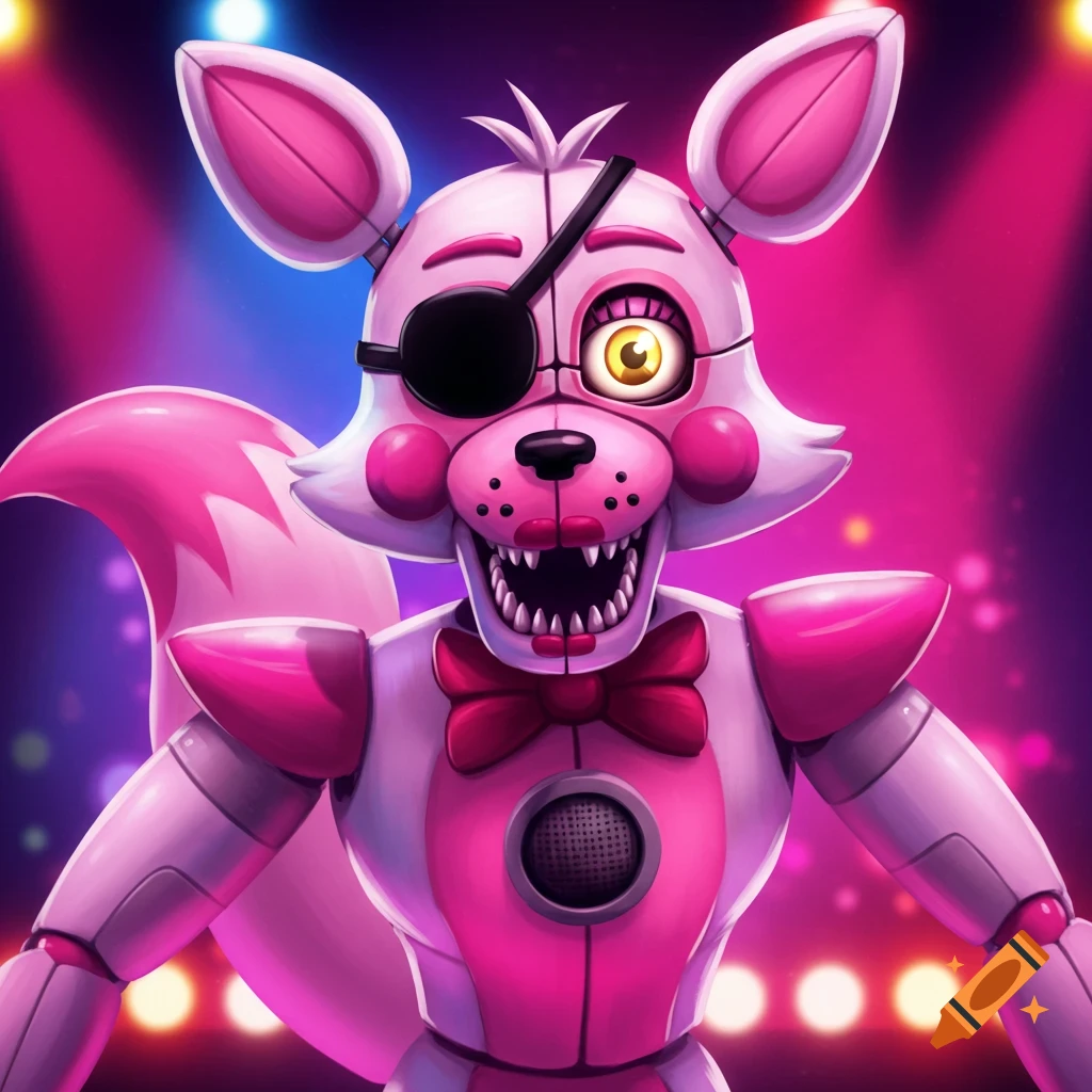 Pink and white animatronic fox on a stage with spotlights. on Craiyon
