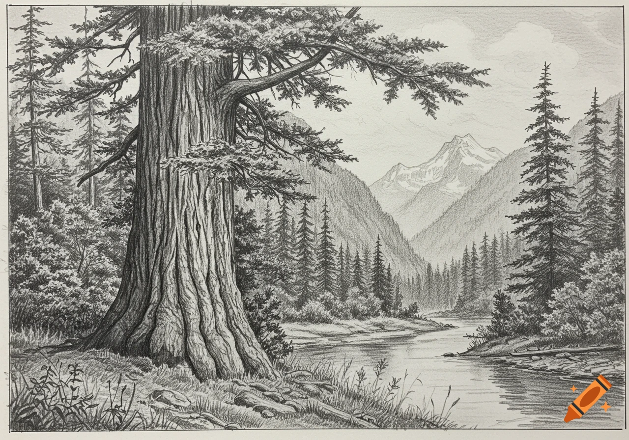 Pencil sketch of a large tree by a river in a mountainous forest ...