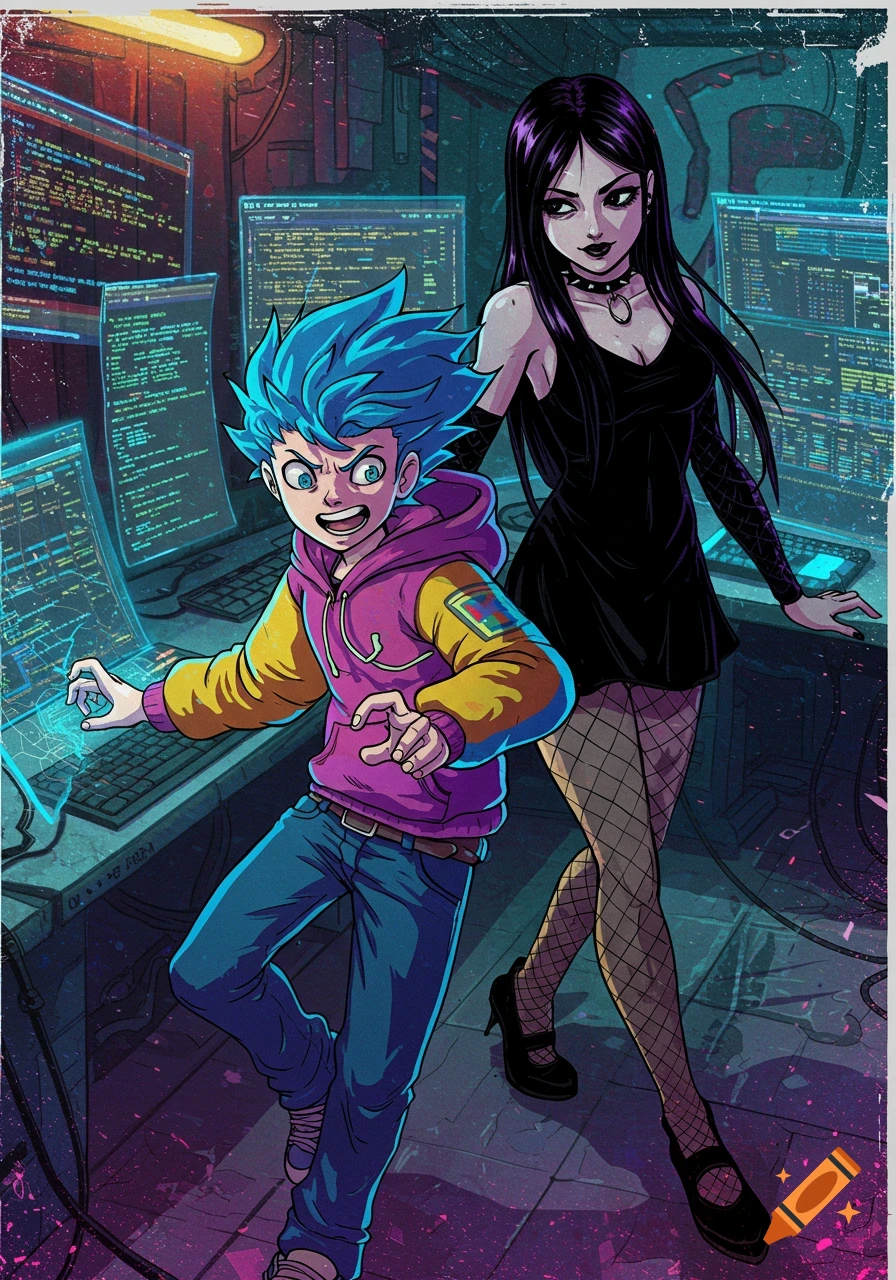 Anime programmer boy and goth girl stand in a room surrounded by ...