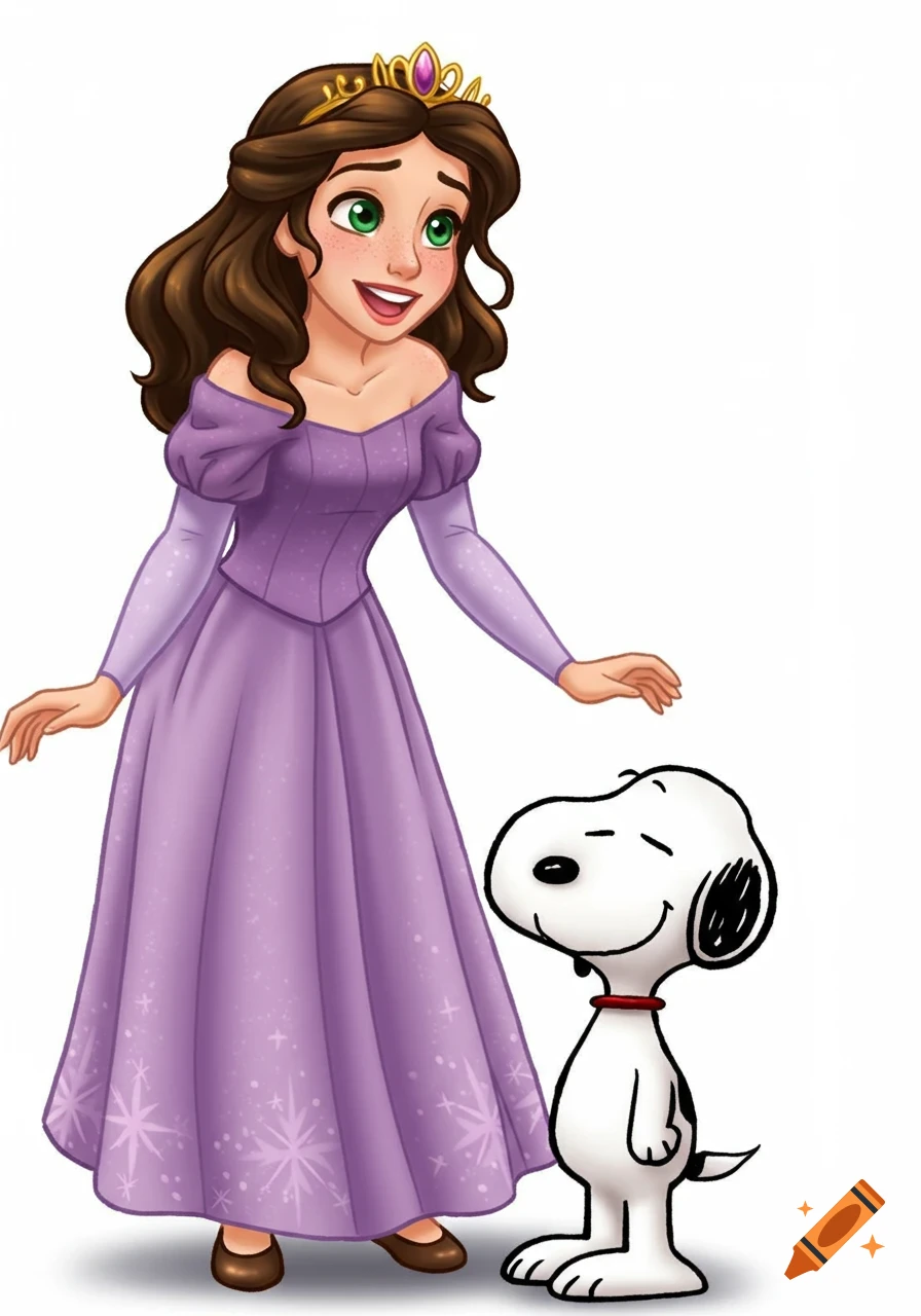 Cartoon princess in purple dress standing next to Snoopy. on Craiyon