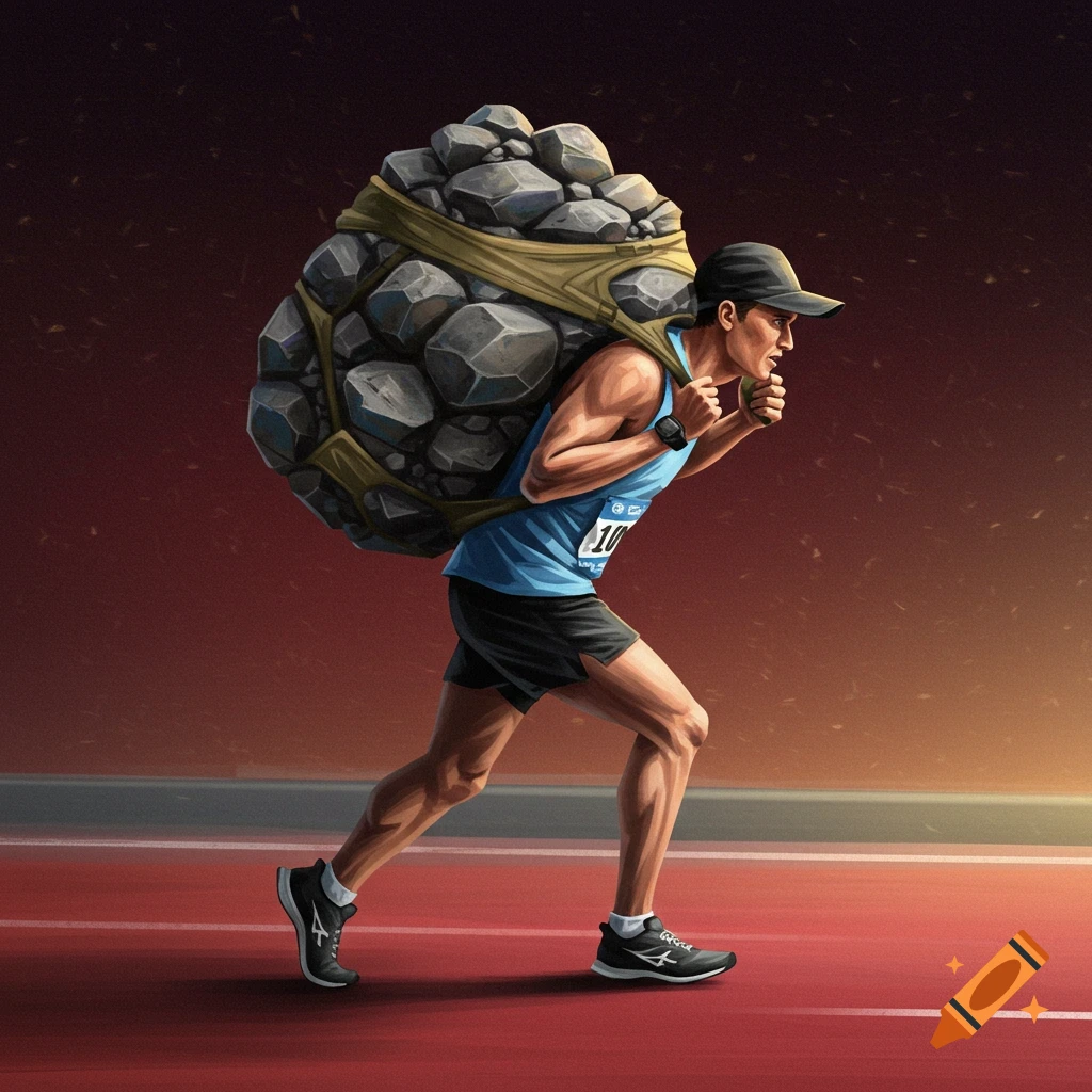 Runner carrying a large burden of rocks on a track. on Craiyon