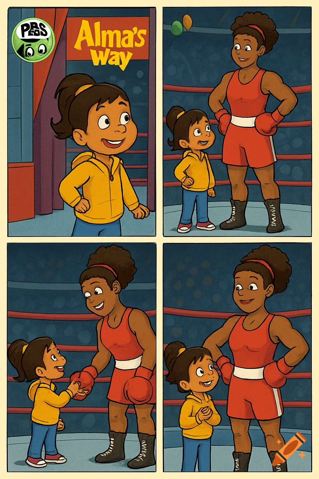 Multi-panel cartoon of a girl meeting a female boxer in a ring, titled ...