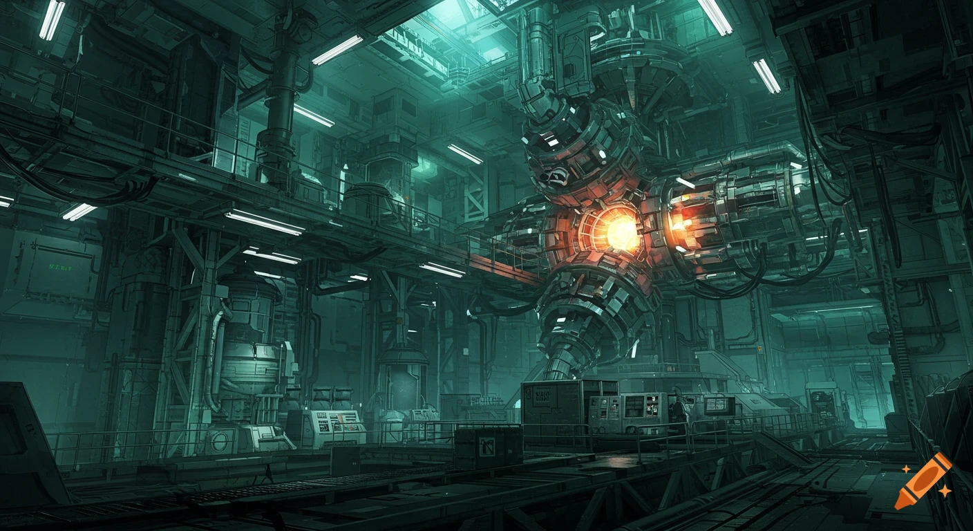A vast, dark sci-fi laboratory features intricate machinery and a large glowing core in the ...