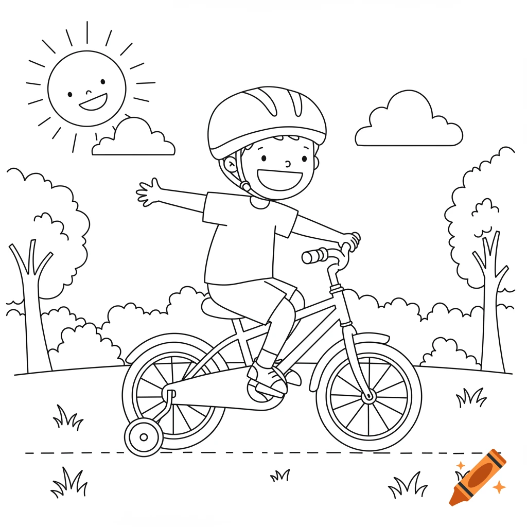 Line drawing of a child riding a bike with training wheels. on Craiyon