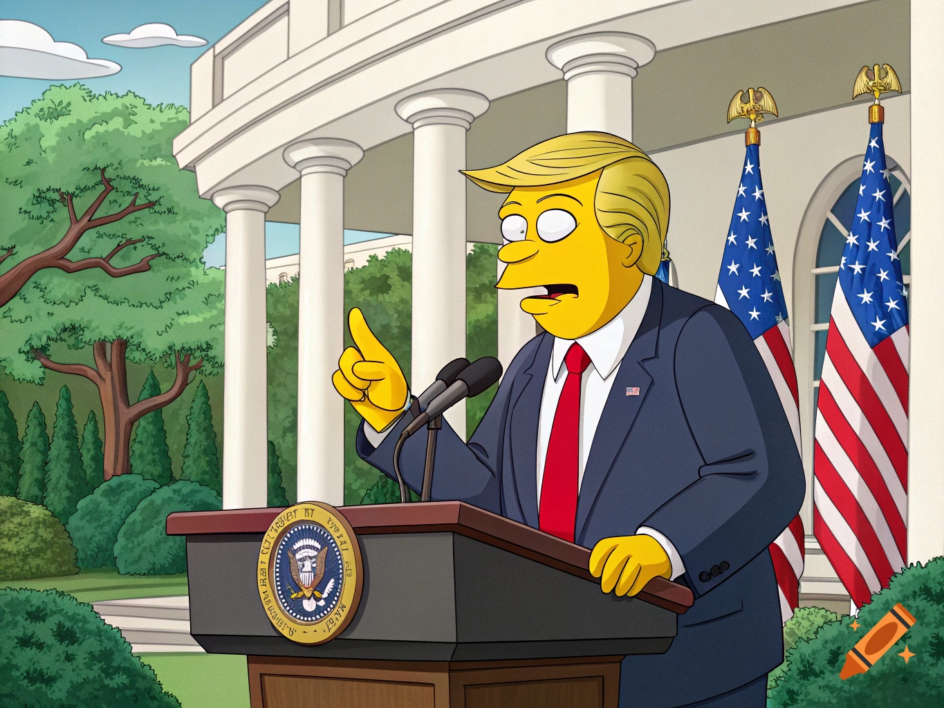 Cartoon of Donald Trump in The Simpsons style giving a speech at a ...