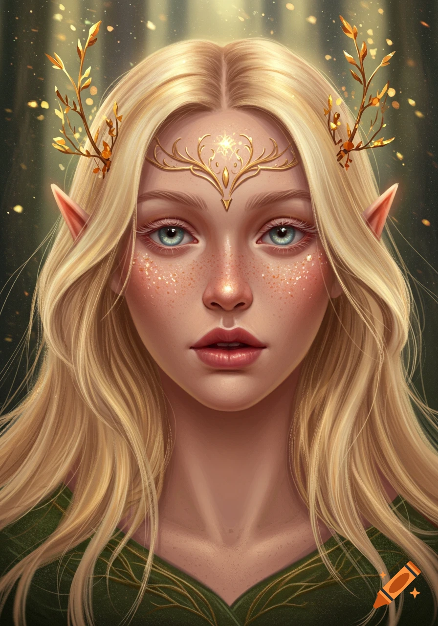 Portrait of a blonde elven woman with gold leaf headpiece, freckles ...