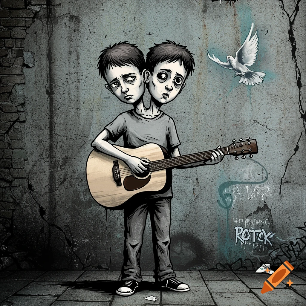 Street art illustration of a two-headed boy playing an acoustic guitar against a graffiti wall ...