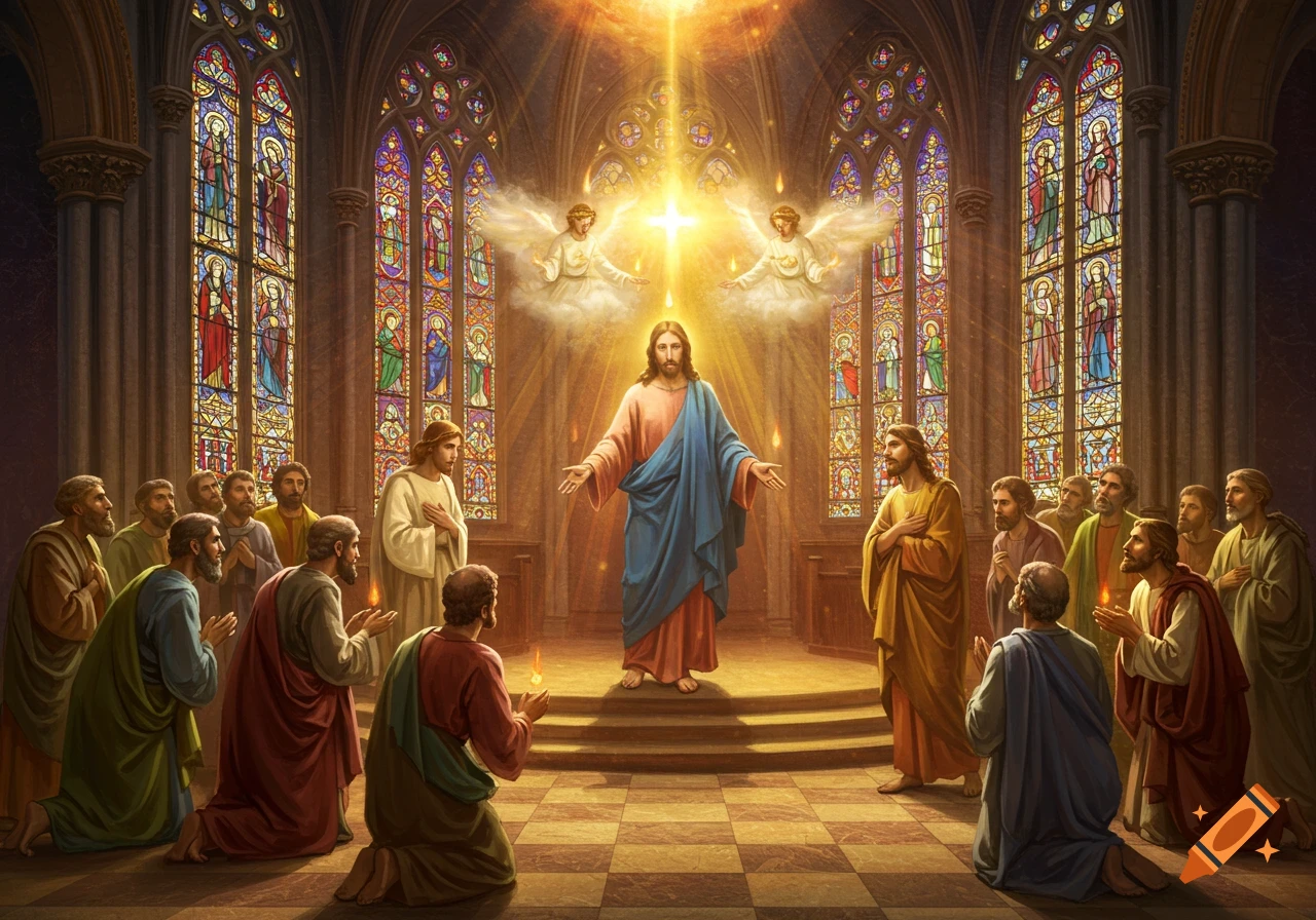 Religious scene of Jesus and disciples with angels and light in a ...