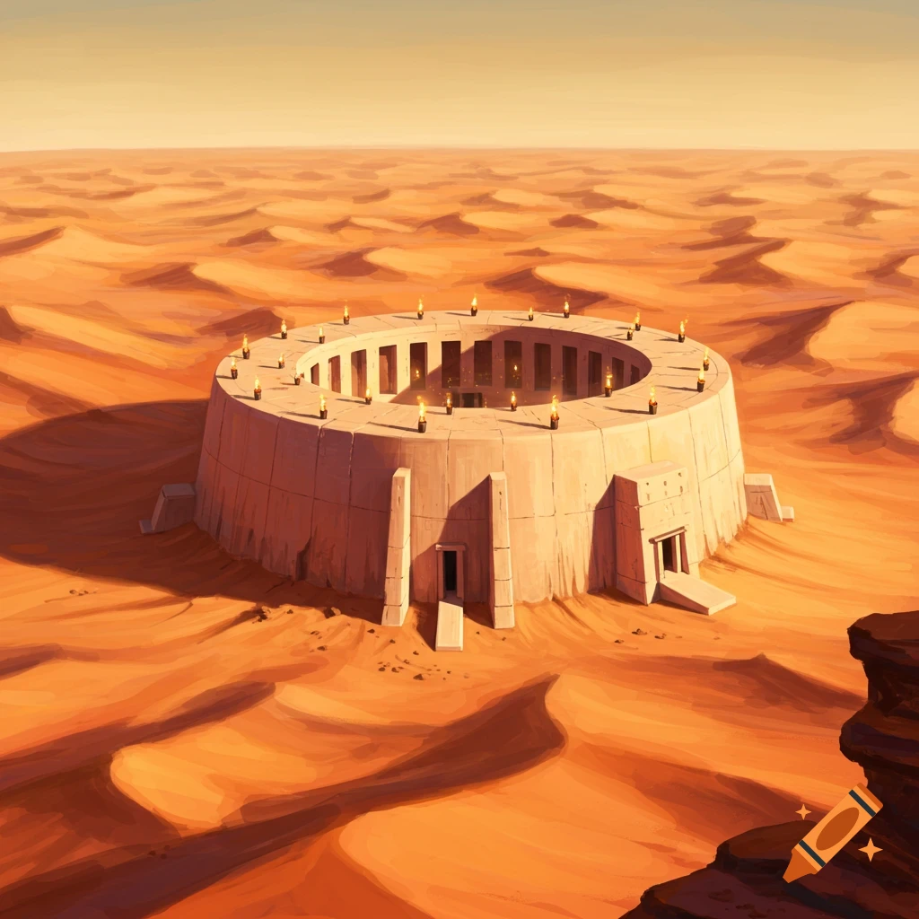 A circular temple with torches in a desert landscape on Craiyon
