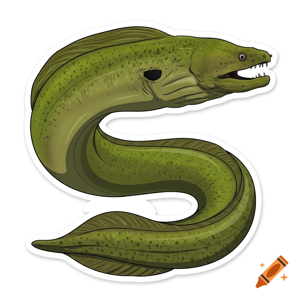 Illustration of a green moray eel in an S-shaped pose. on Craiyon