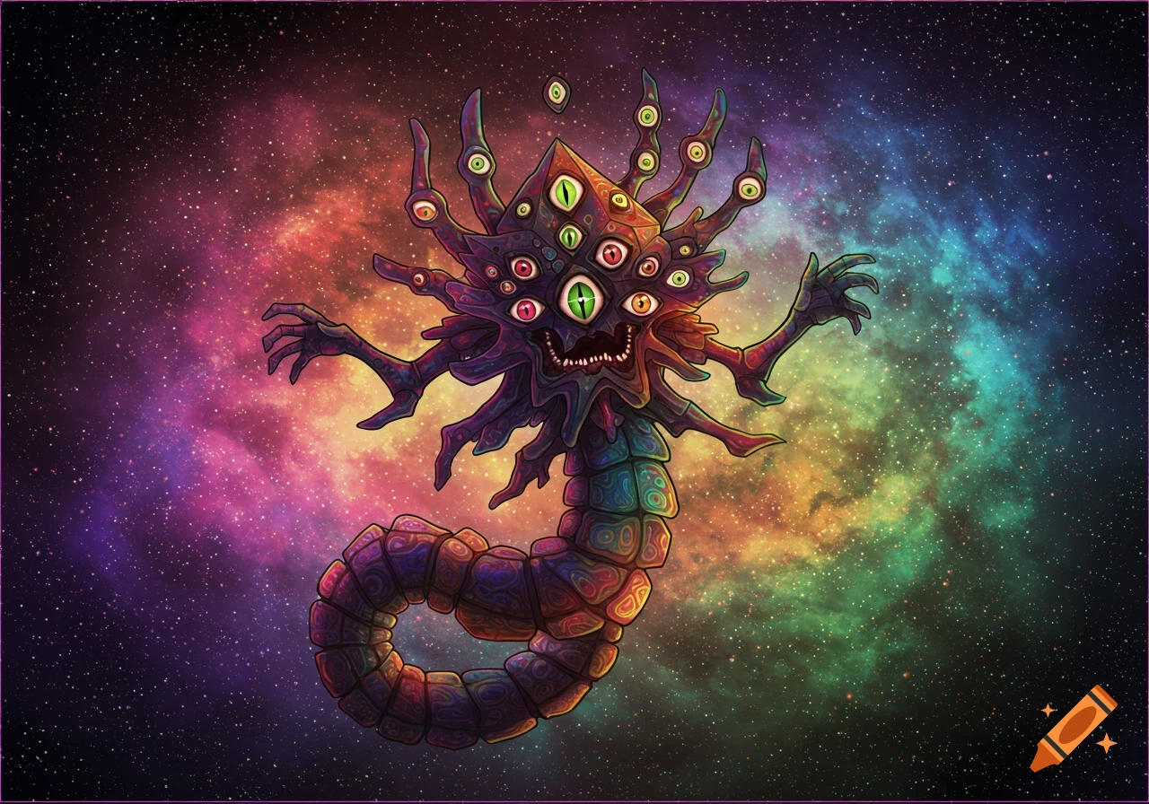 A multi-eyed monster with tentacles and a segmented body stands in a ...