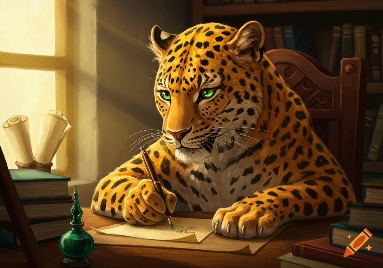 An anthropomorphic leopard sits at a desk writing with a pen on paper ...