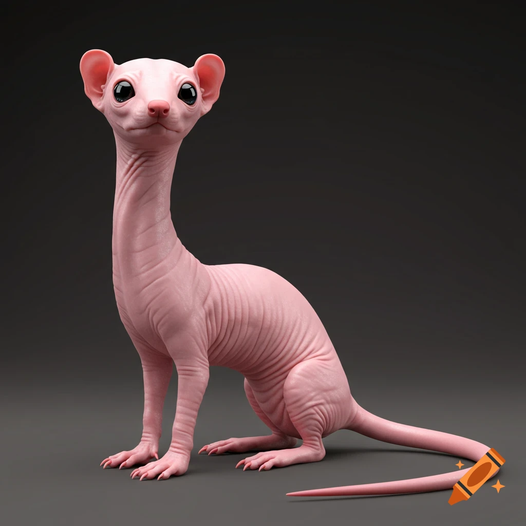 A realistic photo of a pink, hairless creature with a long neck, large ...