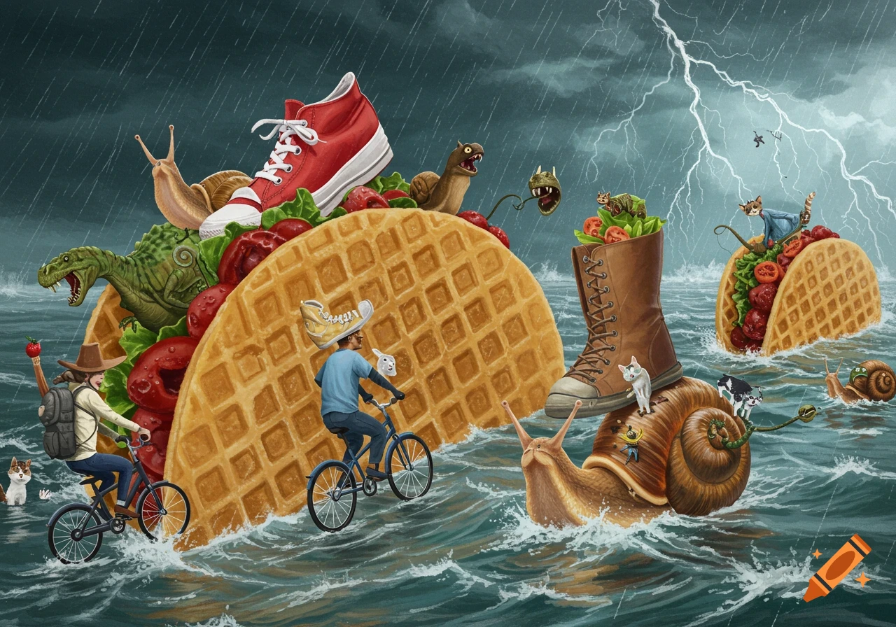 Surreal illustration of people on bikes in a storm, riding giant waffle ...
