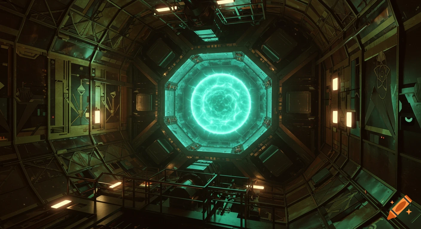 Inside a sci-fi chamber with a glowing energy core in Art Deco style ...