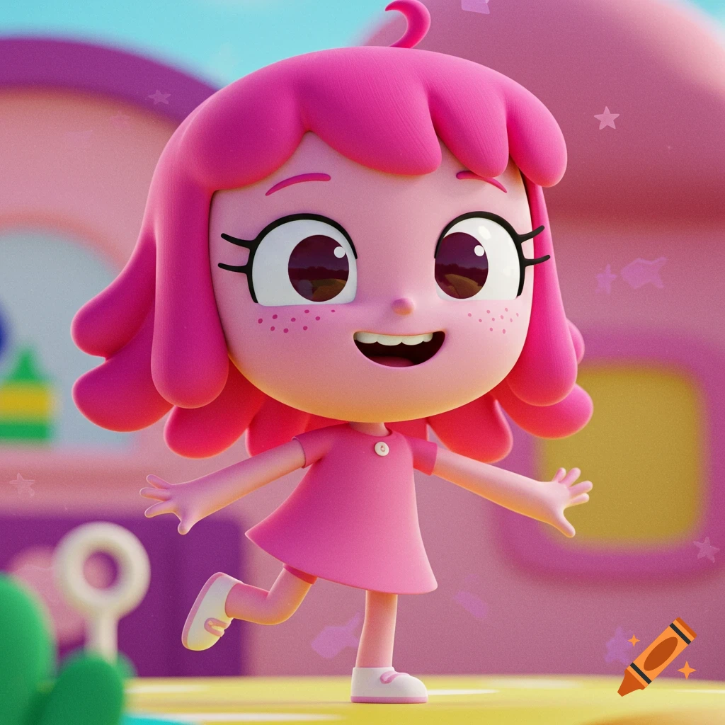 A pink cartoon character with freckles runs happily in a colorful ...