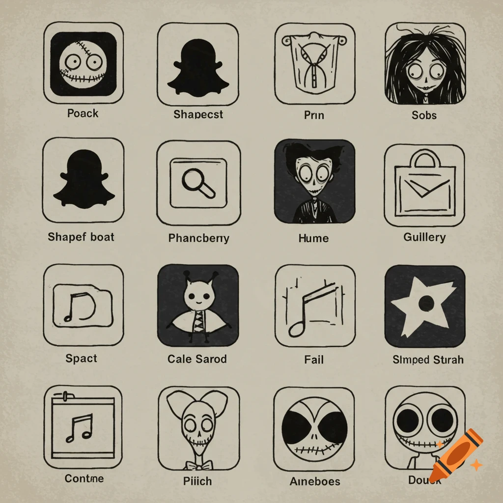 A grid of stylized icons in the style of Tim Burton, featuring ...