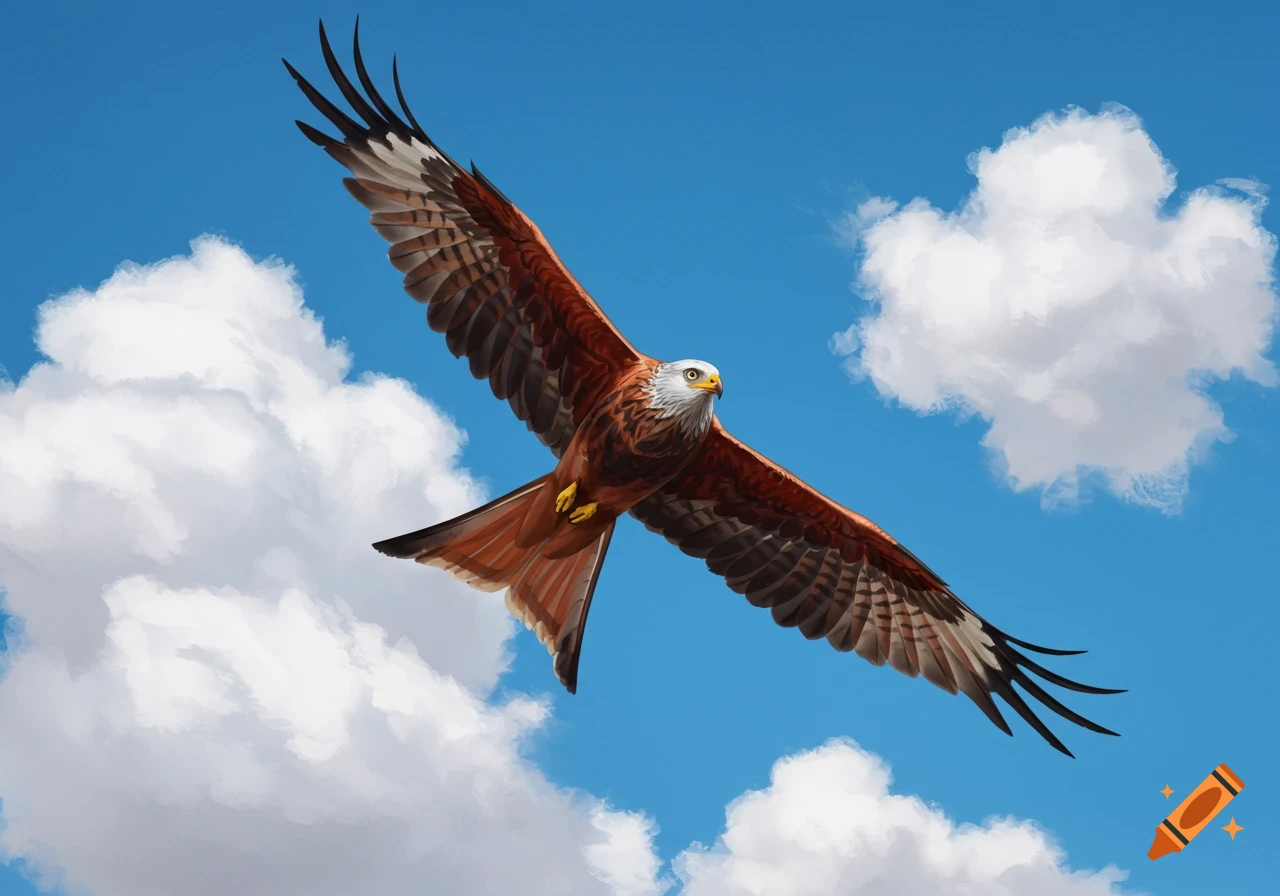 A red kite bird flies against a blue sky with white clouds. on Craiyon