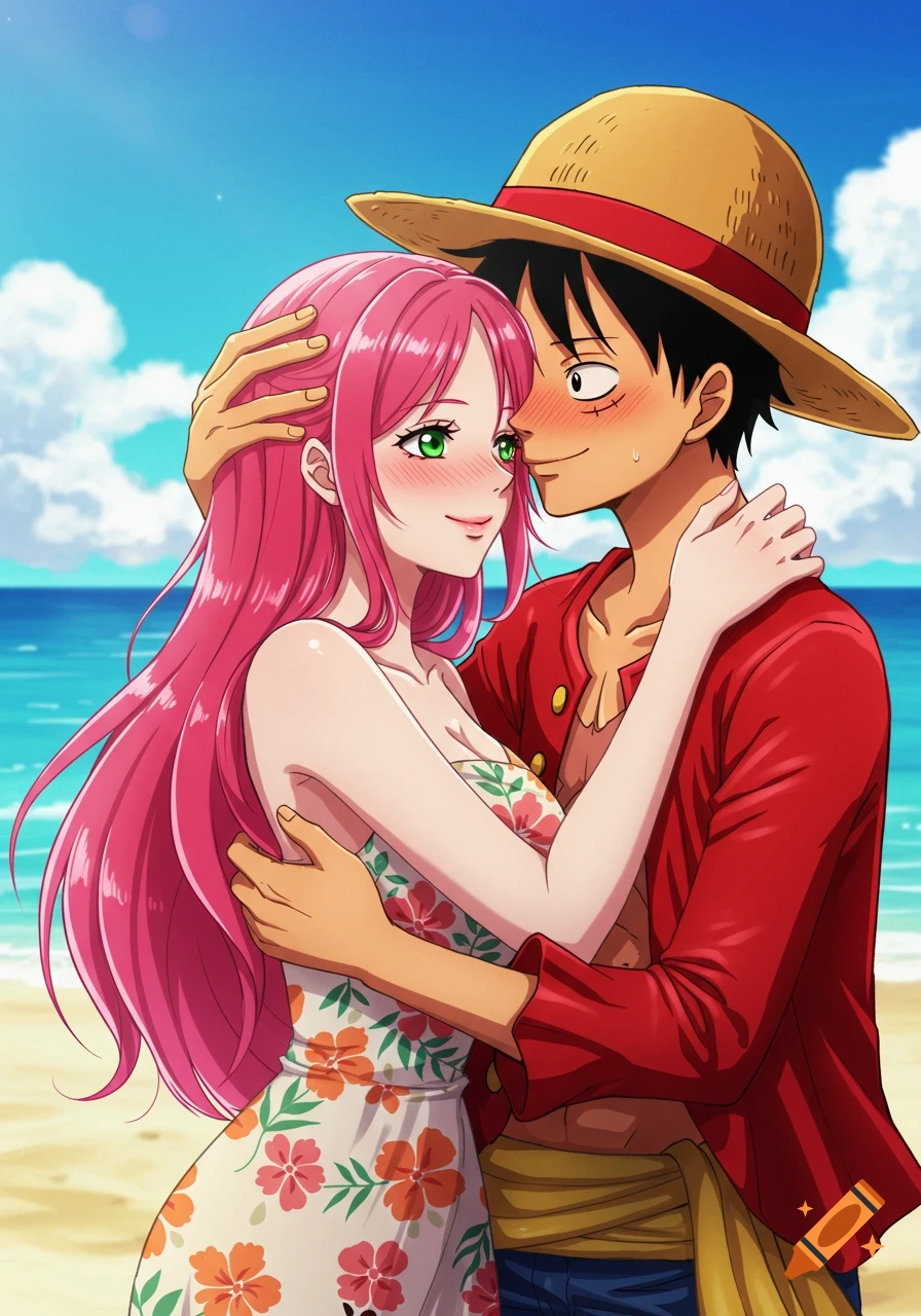 Anime style illustration of Luffy from One Piece hugging a pink-haired ...