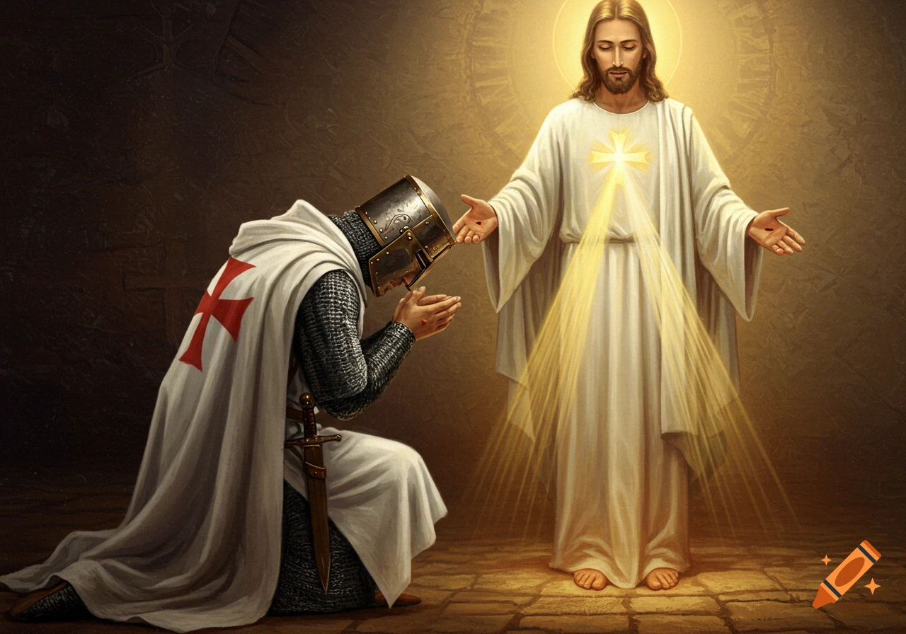 A Templar knight kneels before Jesus, bathed in golden light, in a ...