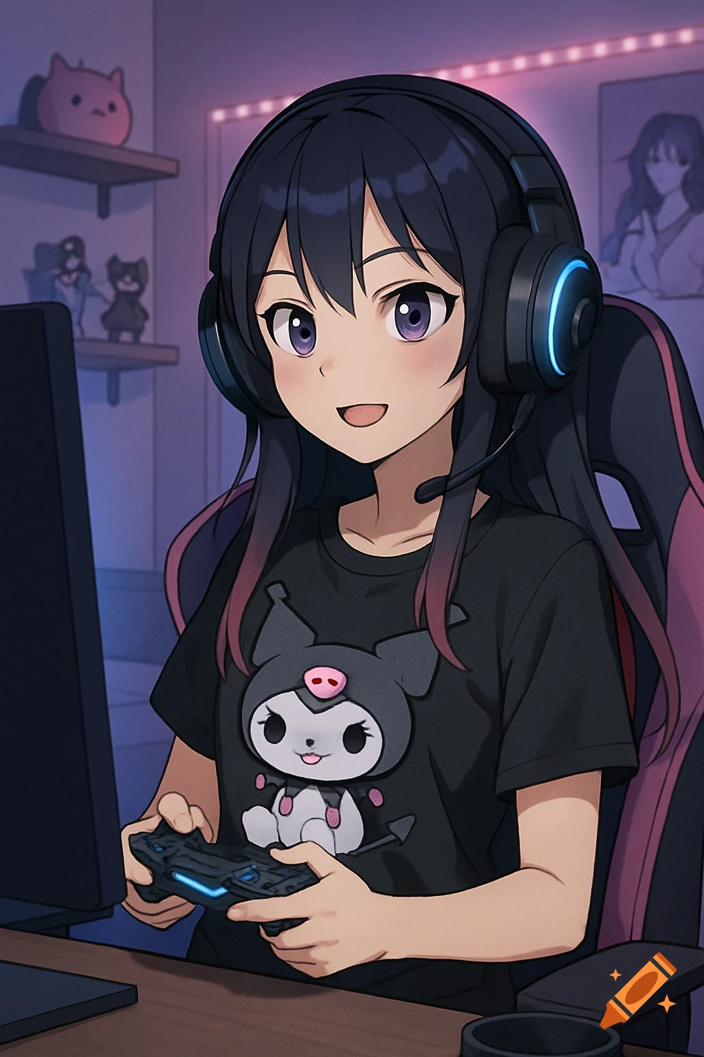 An anime girl gamer with headphones and a Kuromi shirt plays video ...