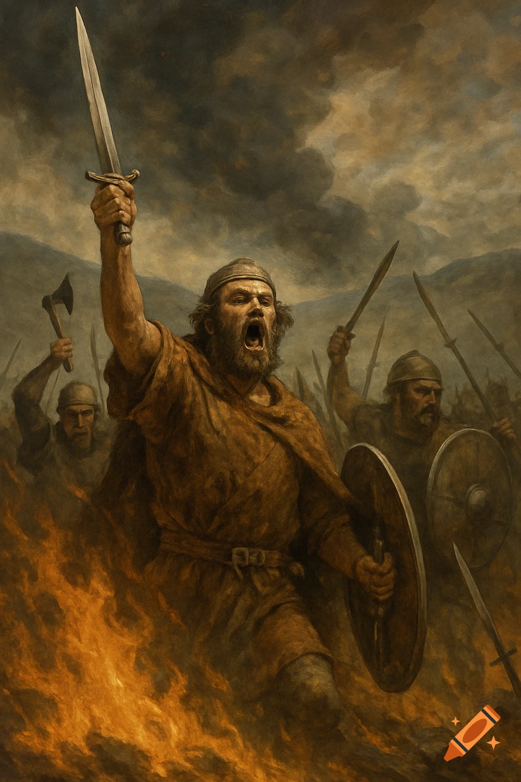 Painterly image of a roaring warrior raising a sword among others in a ...