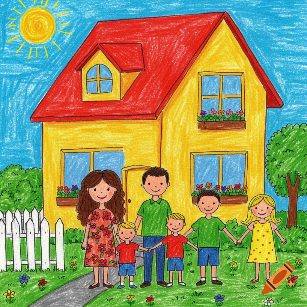 Crayon drawing of a family standing in front of a house. on Craiyon