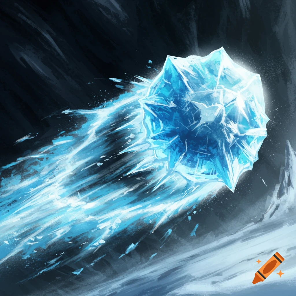 A vibrant blue, faceted ice shape speeds through a dark environment ...