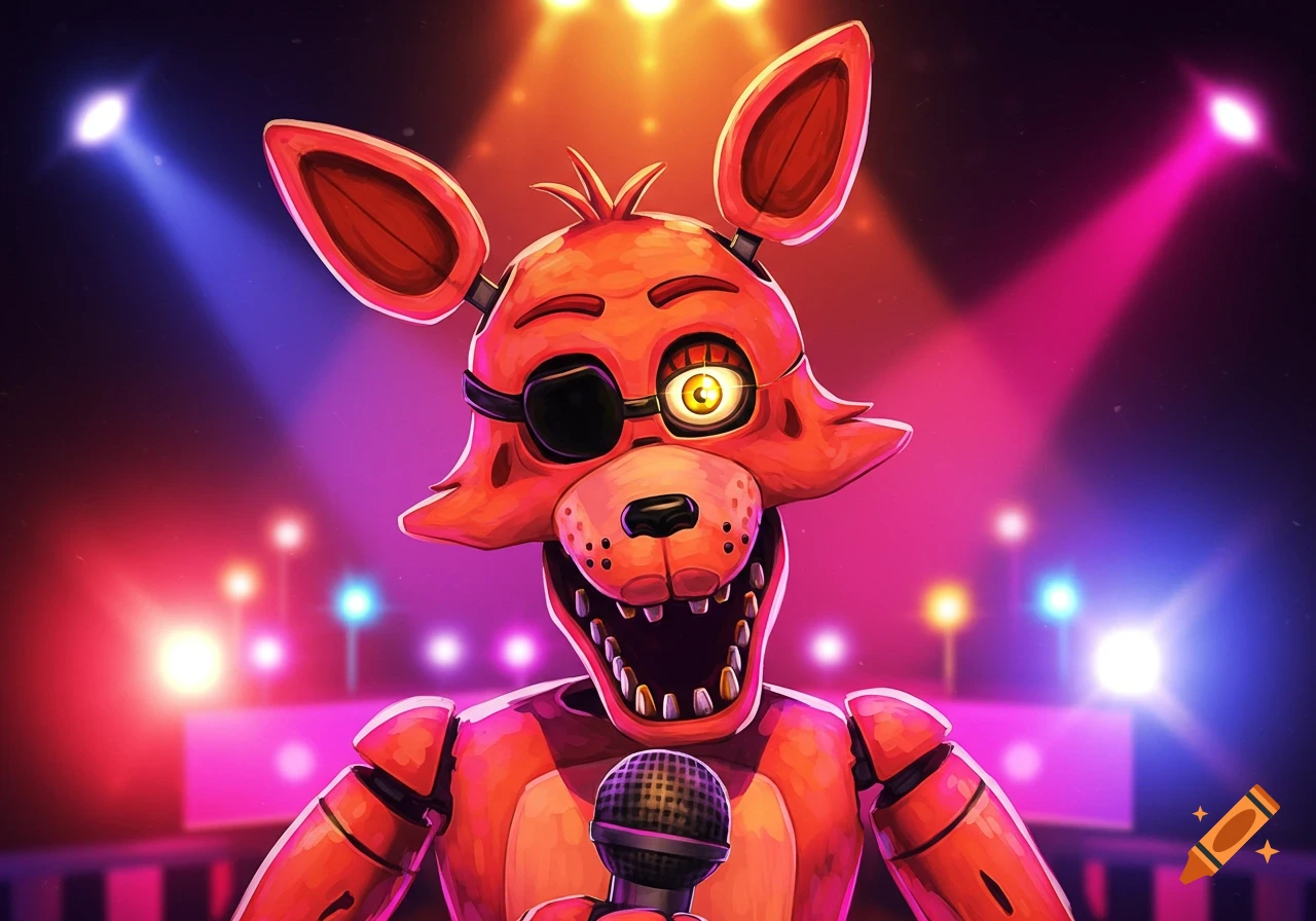 Foxy the animatronic pirate singing on a stage with spotlights. on Craiyon