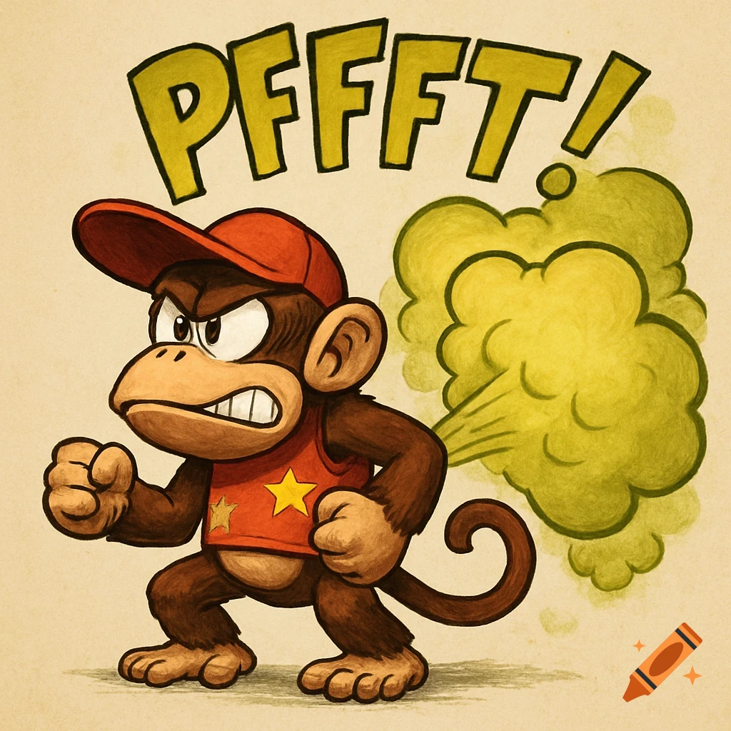 Cartoon monkey resembling Diddy Kong farting with fumes and the word ...