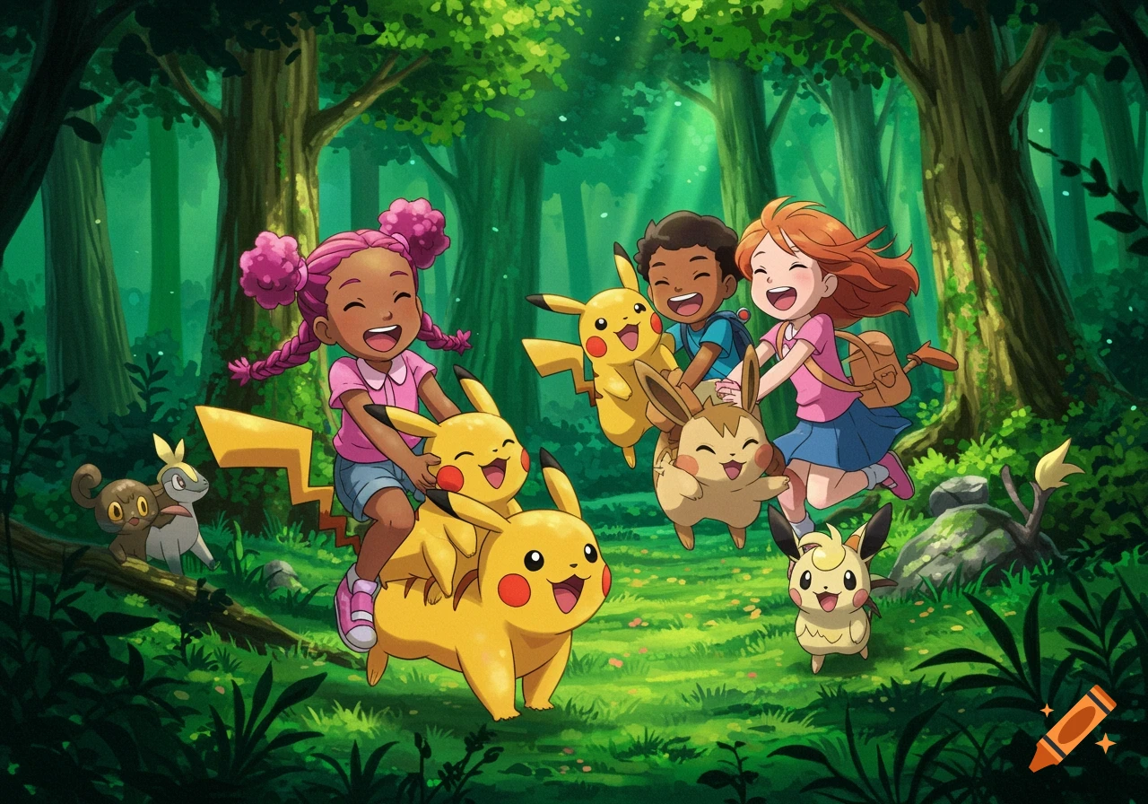 Kids ride and play with Pikachu and other Pokemon in a sunny forest ...