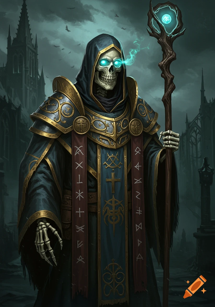 A skeleton in ornate robes and armor holding a glowing staff stands ...
