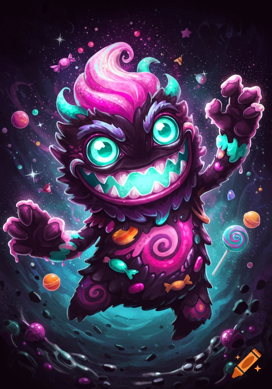 A cute purple candy monster with big eyes floats in space among candies. Stylized illustration ...