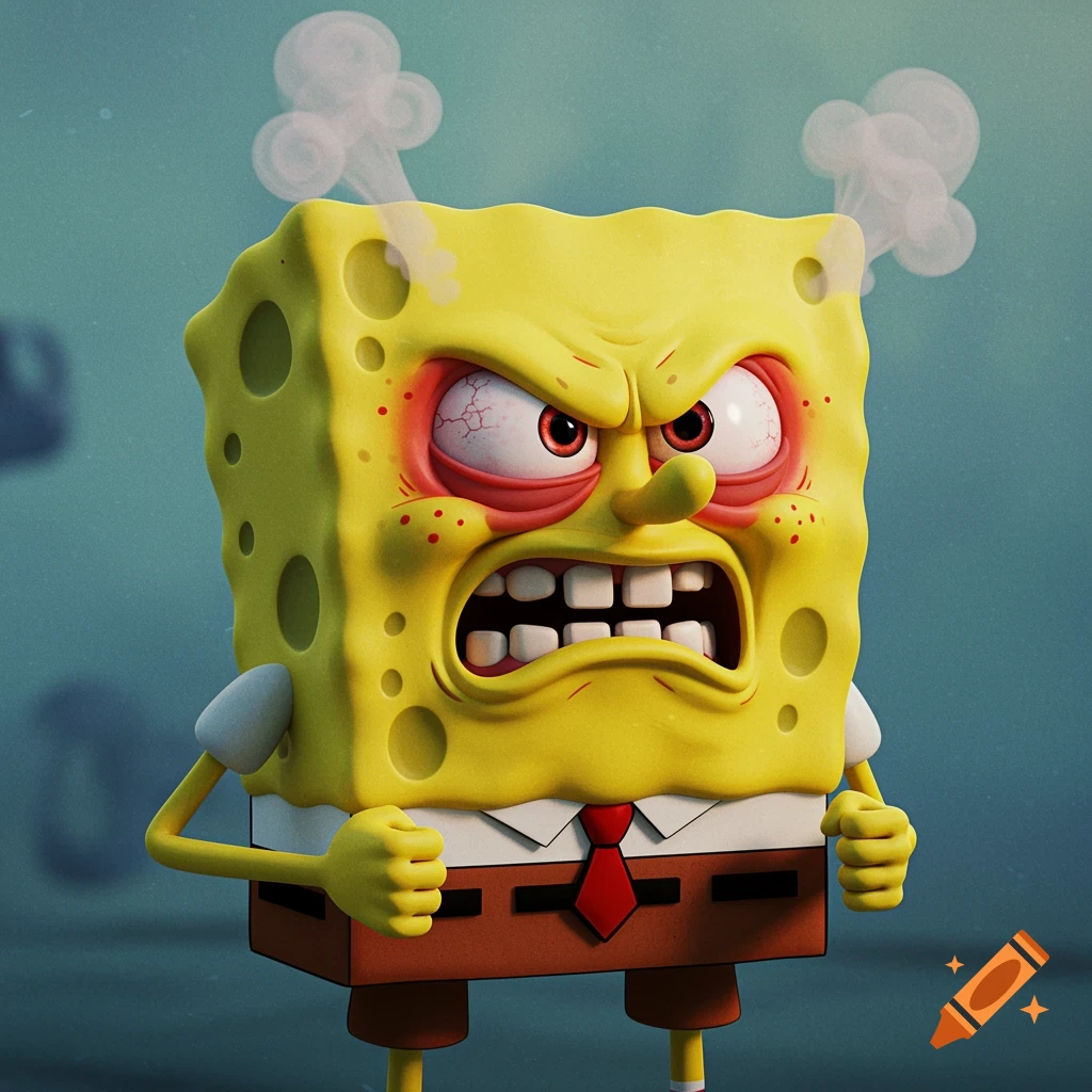 A 3D render of an angry Spongebob Squarepants with red eyes and steam coming from his head. on ...