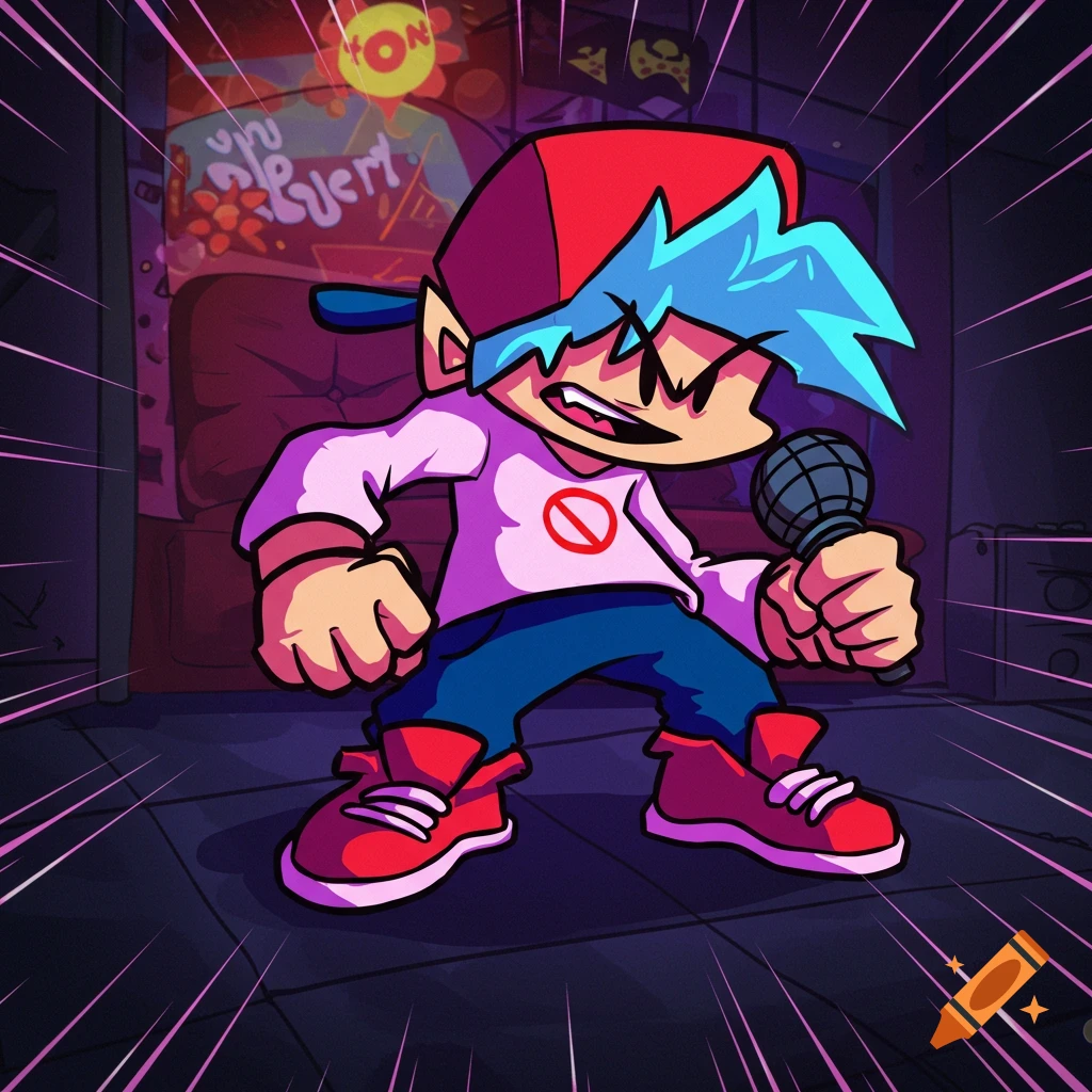 Cartoon character from FNF holding a mic in a dark room. on Craiyon