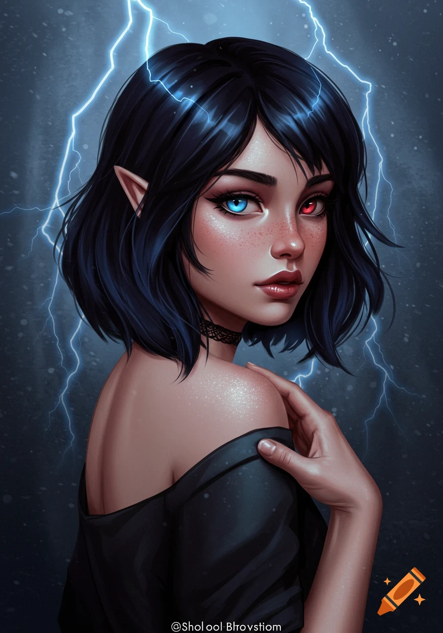 Digital art portrait of a woman with elf ears, heterochromia, and ...