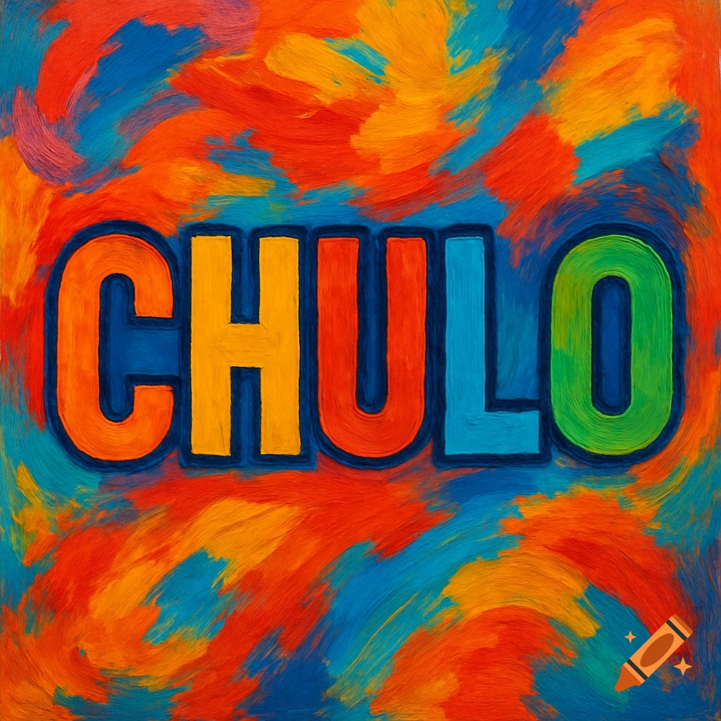 The word CHULO in bold colorful letters against an abstract painterly ...