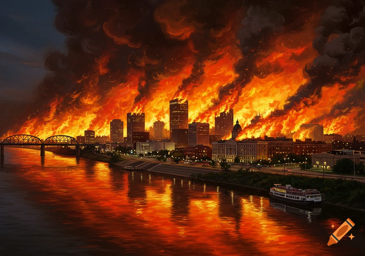 City skyline on fire reflecting in the river at night, painting style ...