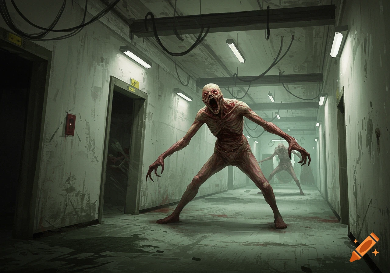 Creepy skinless monsters with wide mouths in a dark, grimy hallway. on ...