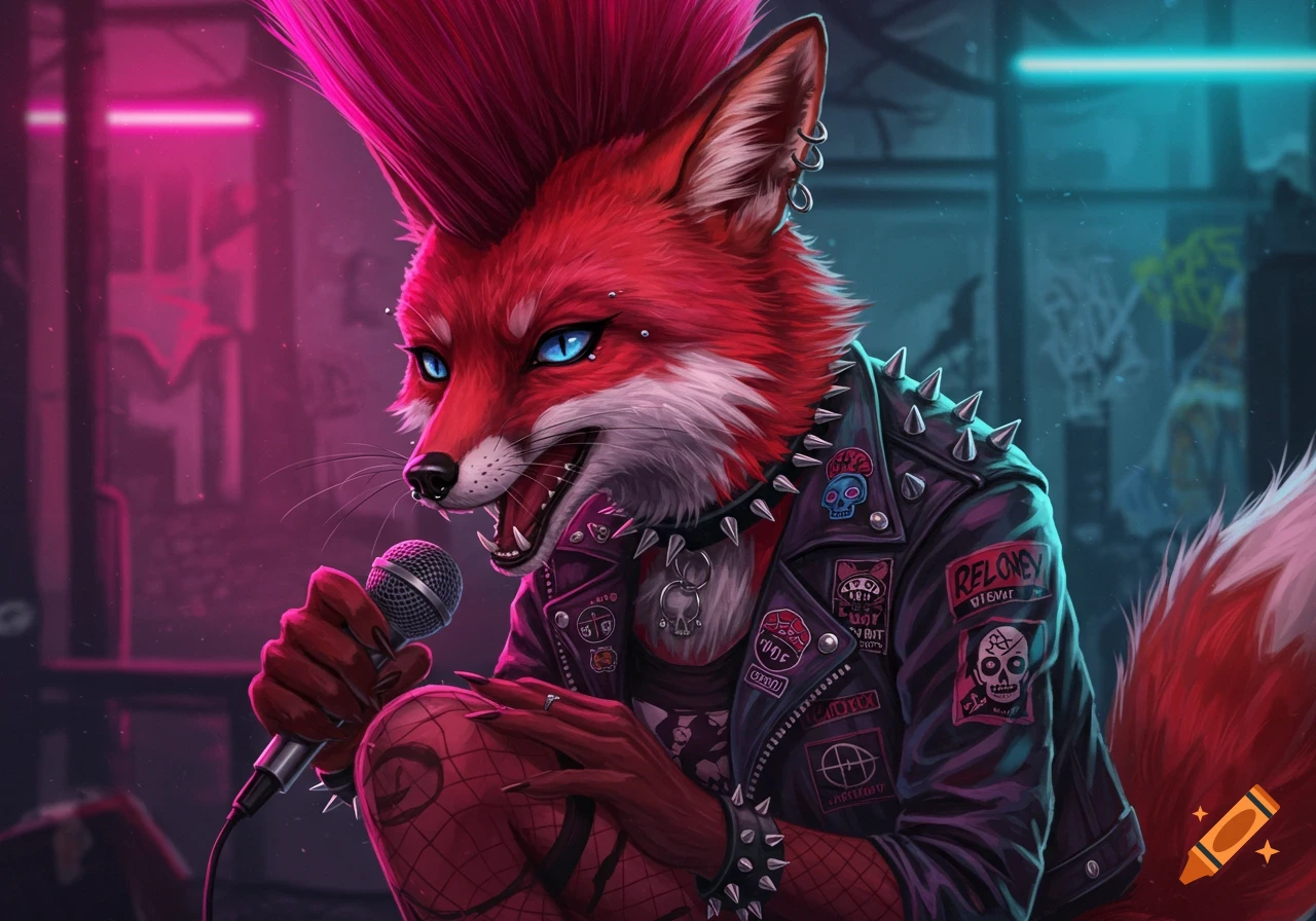 A red fox in punk clothing with a pink mohawk sings into a microphone ...