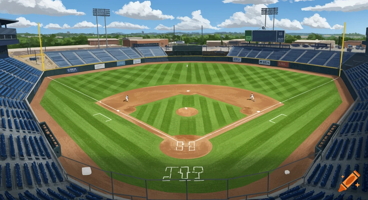Aerial illustration of a baseball stadium with players on the field. on ...
