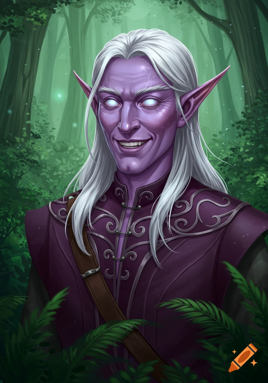 Portrait of a purple-skinned male elf with silver hair, white eyes, and ...