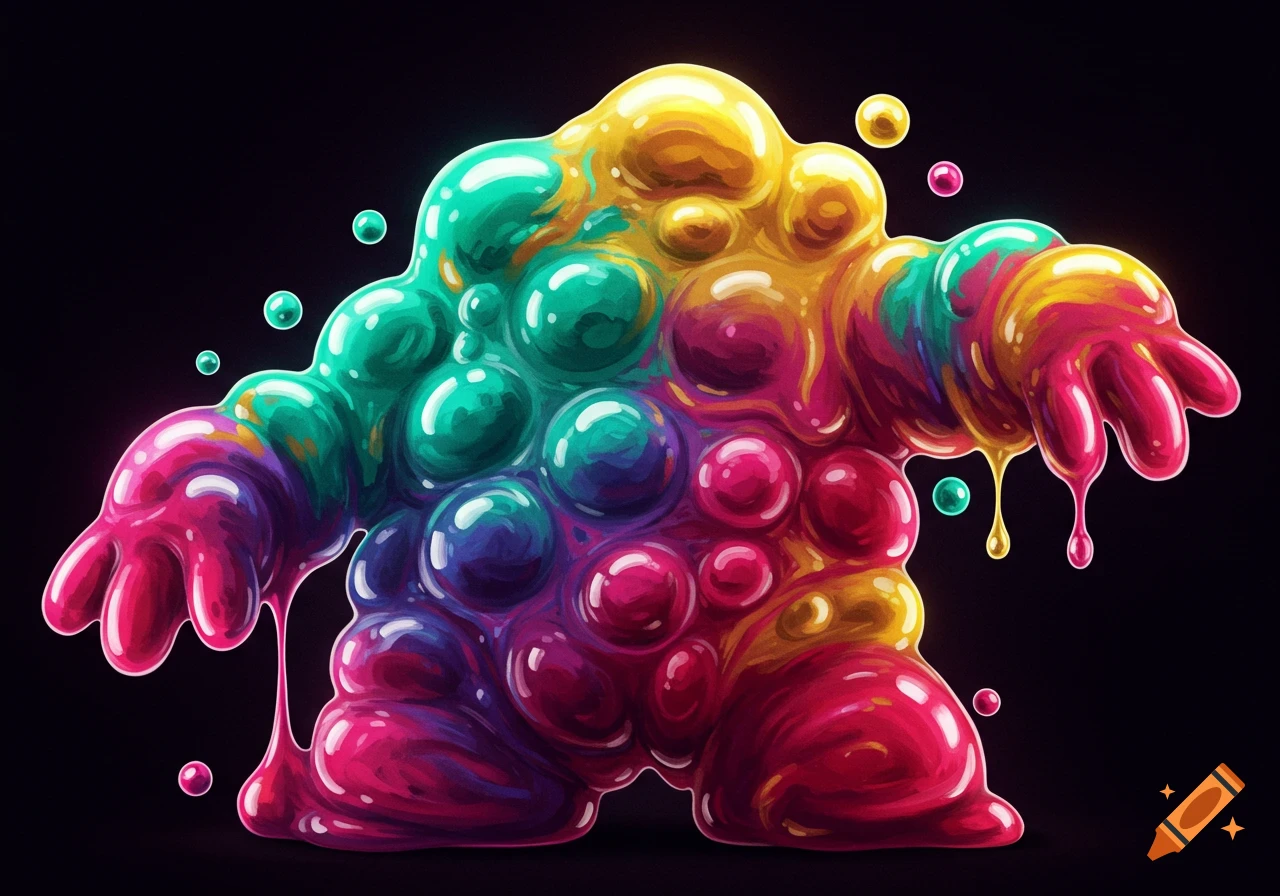 A rainbow-colored goopy creature stands in the dark. on Craiyon