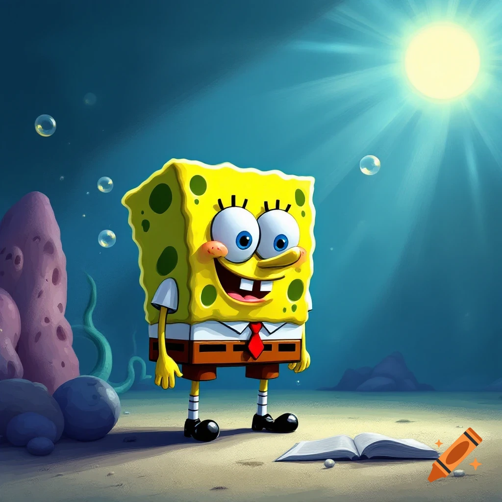 Spongebob Squarepants stands smiling underwater next to an open book ...