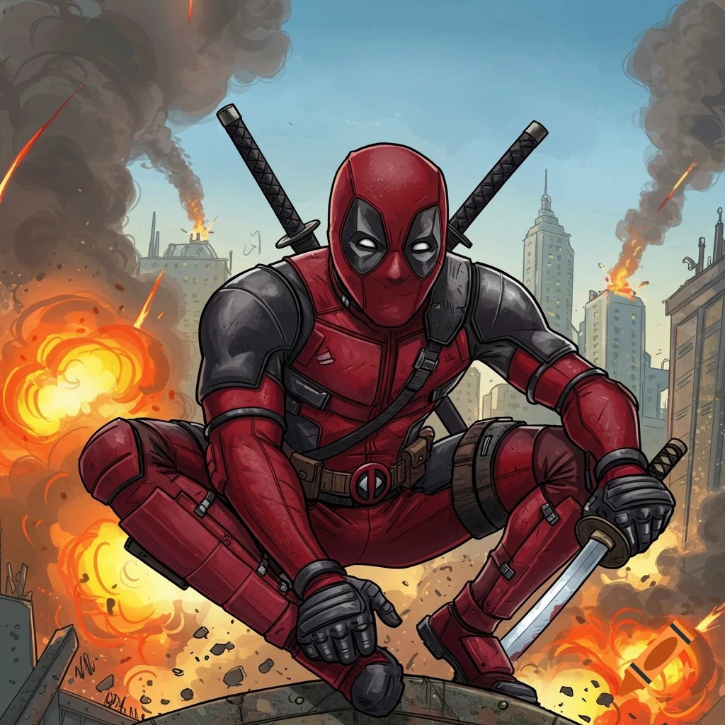 Comic book illustration of Deadpool squatting amidst explosions and ...