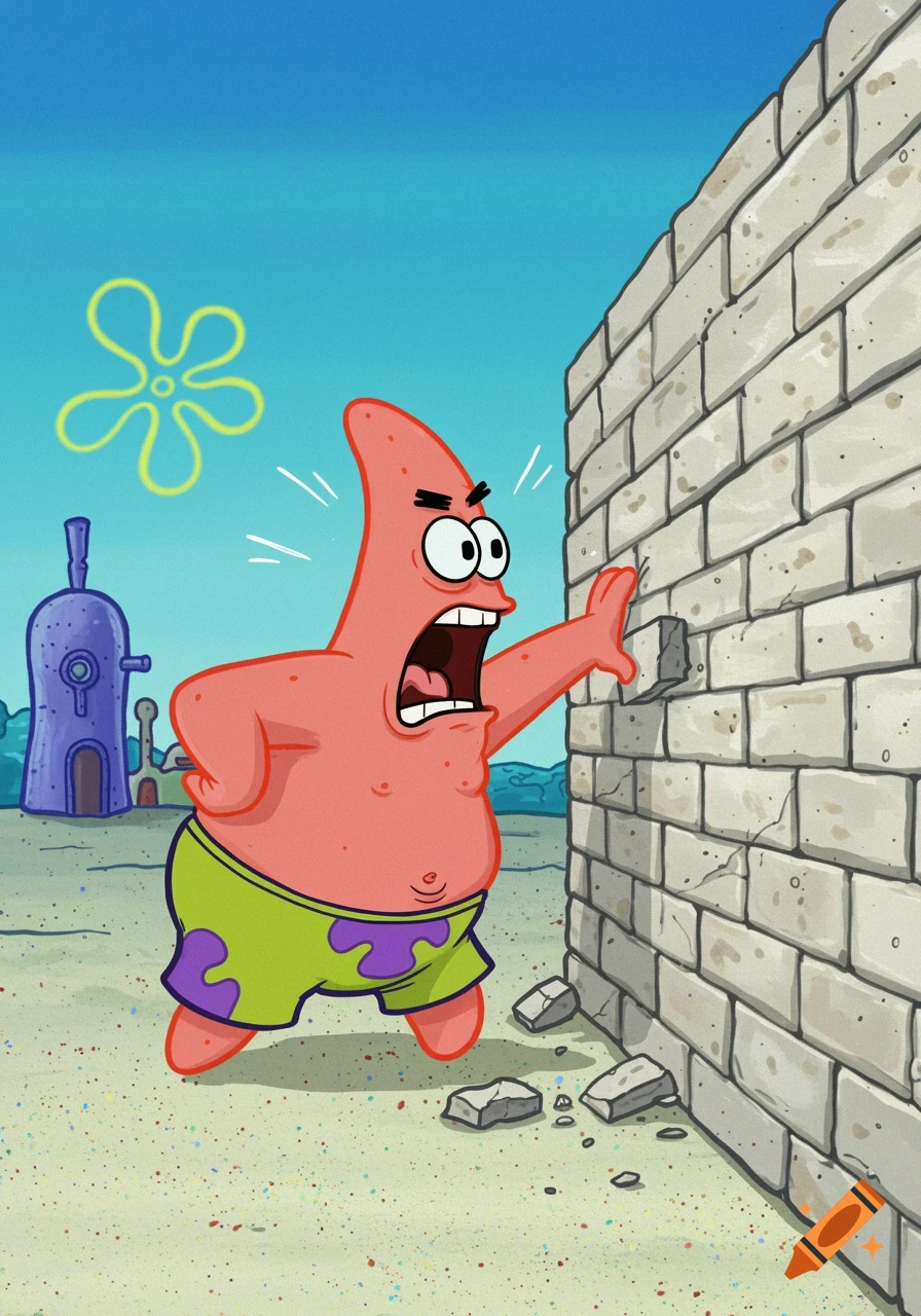 Patrick Star on a beach yells and hits a brick wall in cartoon style ...