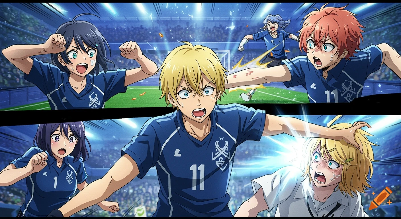 Anime characters playing soccer in a stadium on Craiyon