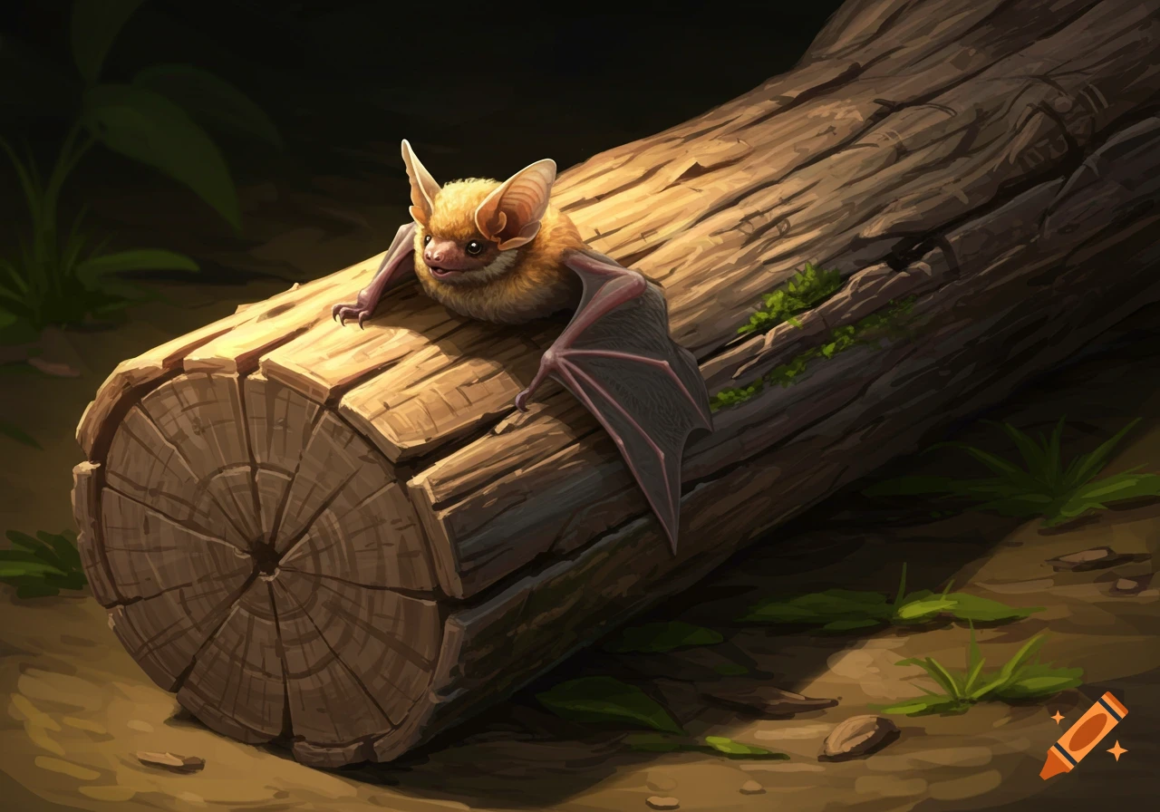 A small bat sits on a fallen log in a digital painting style. on Craiyon