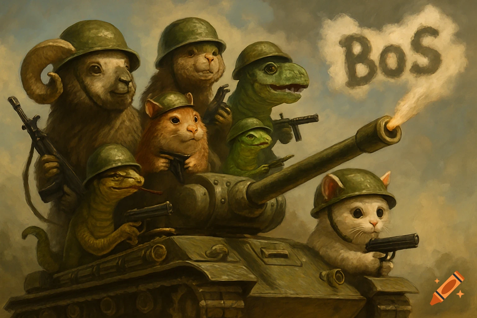 Anthropomorphic animals in military gear on a tank fire a smoke cloud ...