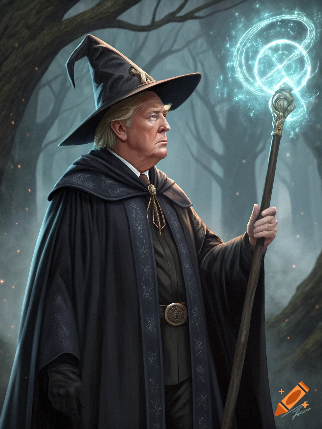 Donald Trump dressed as a wizard in a black robe and hat, holding a ...